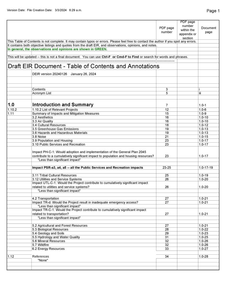 An annotated Table of Contents for the Draft Environmental Impact ...